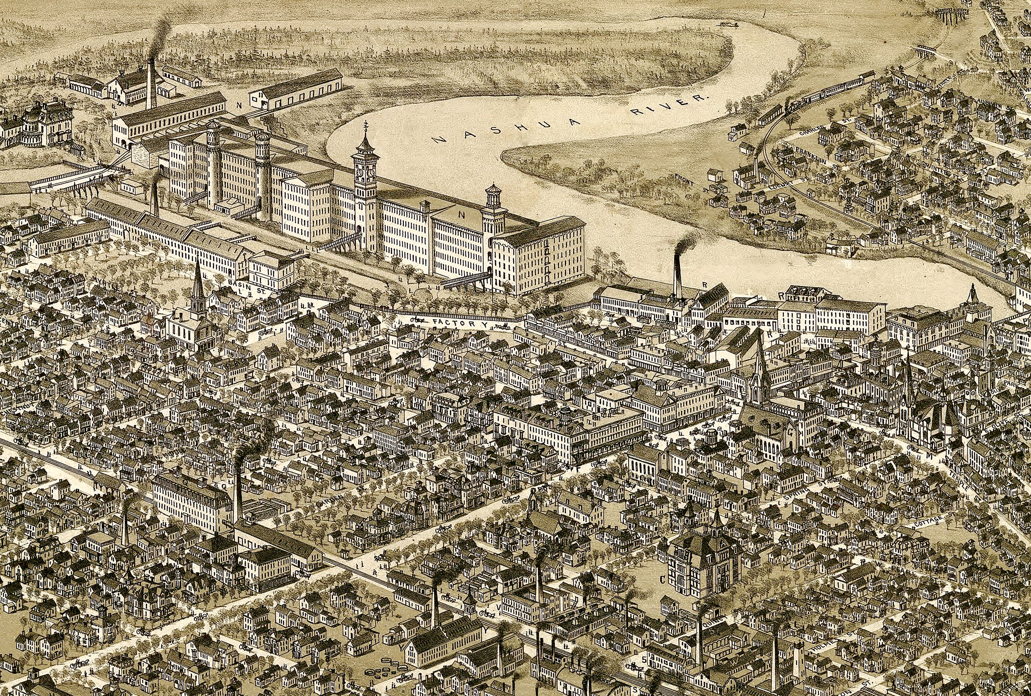 Nashua Nh In 1883 Birds Eye View Map Aerial Map Panorama Map Vintage Map Antique Map