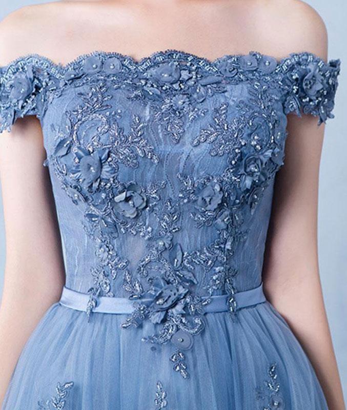 Fashion A Line Off Shoulder Light Blue Tulle Prom Dress With Flowers