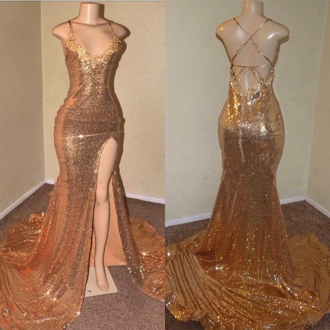 Sexy Gold Sequin Spaghetti Straps Slit Prom Dresses 530 On Storenvy