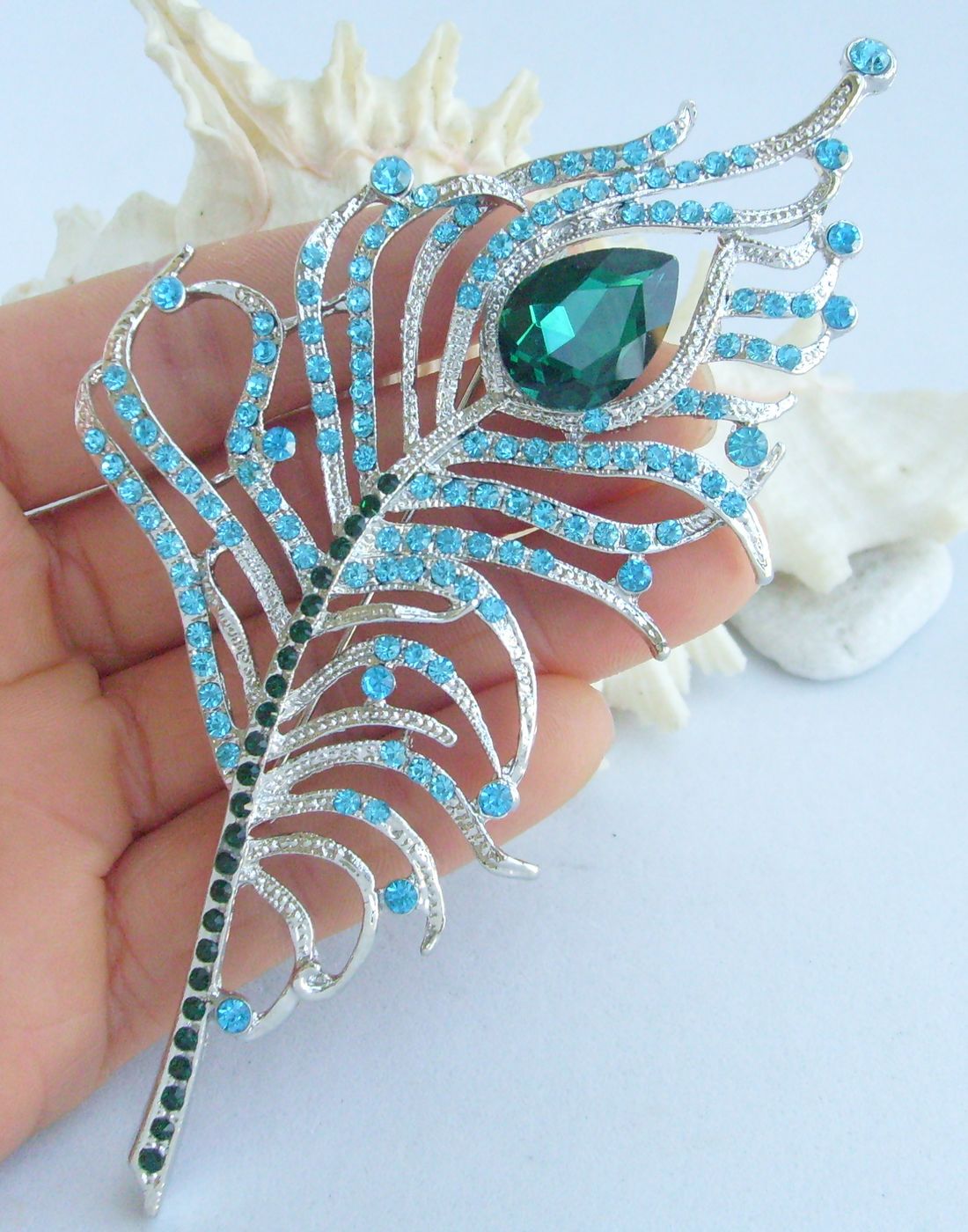 Sindary Rhinestone Crystal 4.9 Inch Peacock Feather Brooch Pin Pendant ...